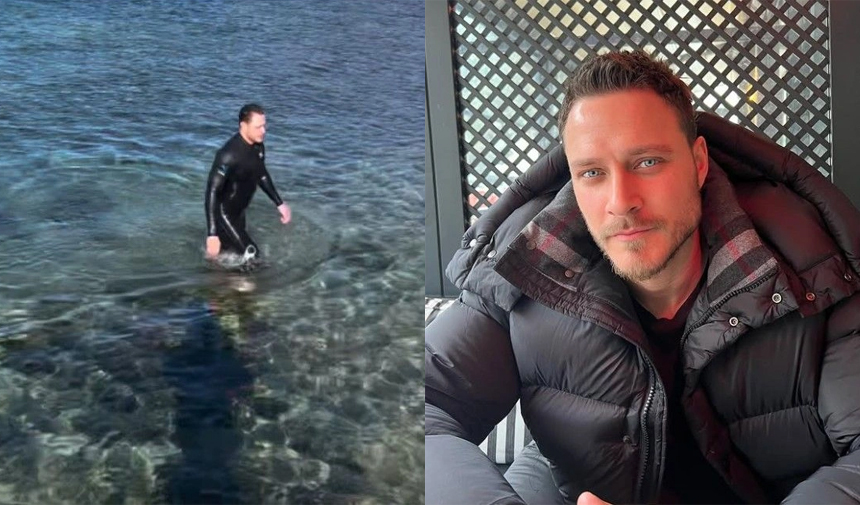 Ünlü oyuncu Burak Çelik, soğuk havaya aldırış etmeden buz gibi suya ...